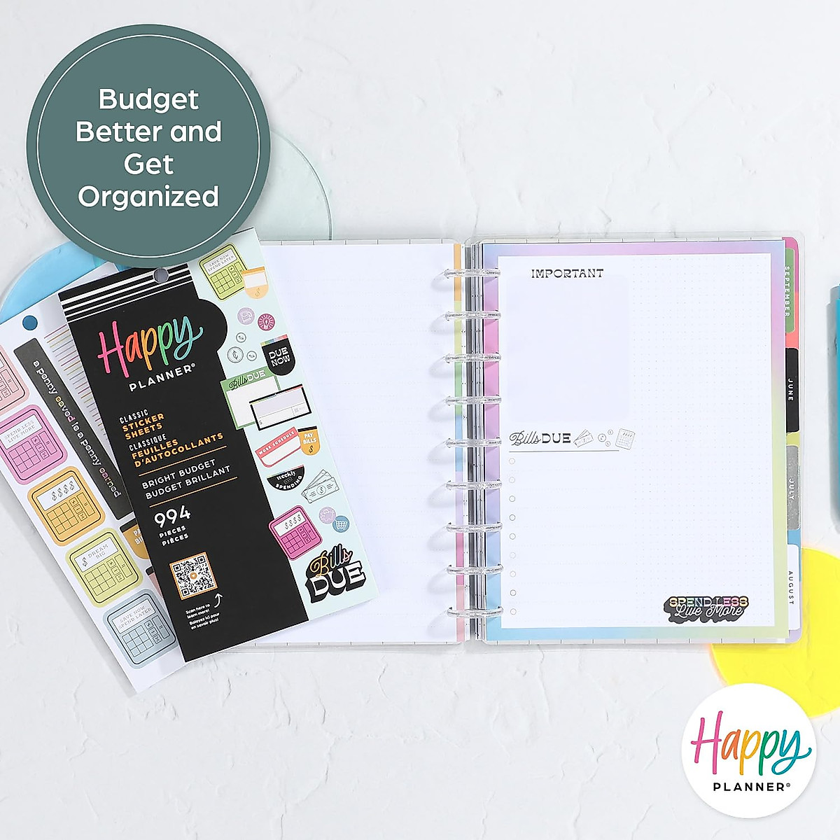 Happy Planner 12 Month Planner Box Bundle– Jan 2024 – Dec 2024 – Budget Layout – Includes 12 Month Dated Classic Size Planner, Block Pad Paper & 30 Sheet Sticker Book – Bright Budget Theme