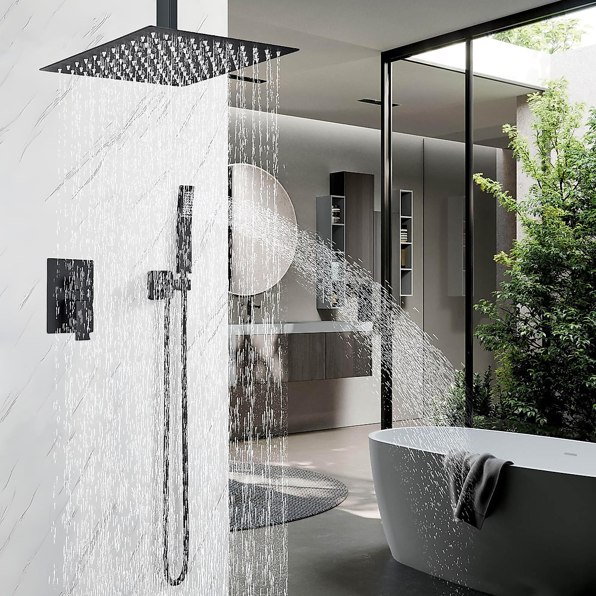 Shower Faucet Set Matte Balck Rain Shower System with High Pressure 8 Inches Rain Shower Head and Handheld Spray Bathroom Luxury Rain Mixer Shower Faucet Set Complete Combo Set Ceiling Mounted