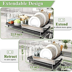 Dish Drying Rack - Expandable Dish Rack - Large Stainless Steel Dish Dryer Racks for Kitchen Counter with Wine Glass Holder, Cutlery Holder, Black