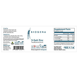 Biogena 3-Salt Zinc - Three Highly bioavailable Organic zinc compounds - 60 Capsules
