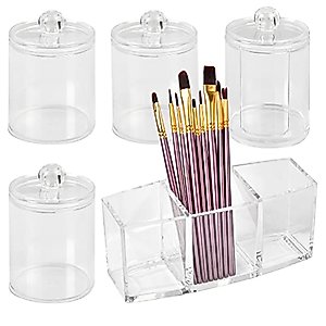 TIMESETL 5 Pack Qtip Holder Dispenser for Cotton Ball, Cotton Swab, Cotton Round Pads, Floss, 10 oz Clear Plastic Apothecary Jar Set for Bathroom Canister Storage Organization, Vanity Makeup Organizer