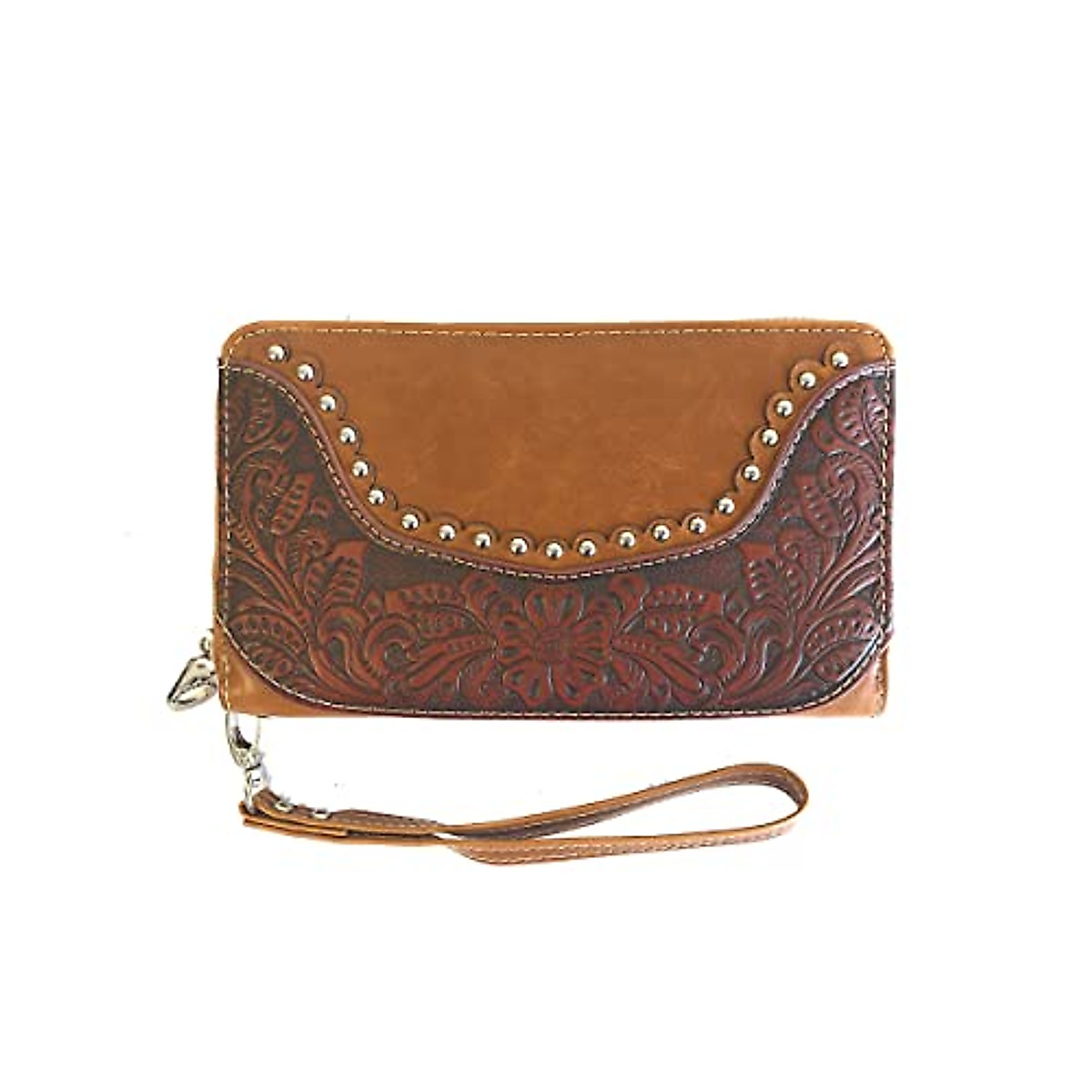 Montana West Ladies Wristlet Wallet 2-in-1 Western Tooled Genuine Leather Zippered Enclosure Brown