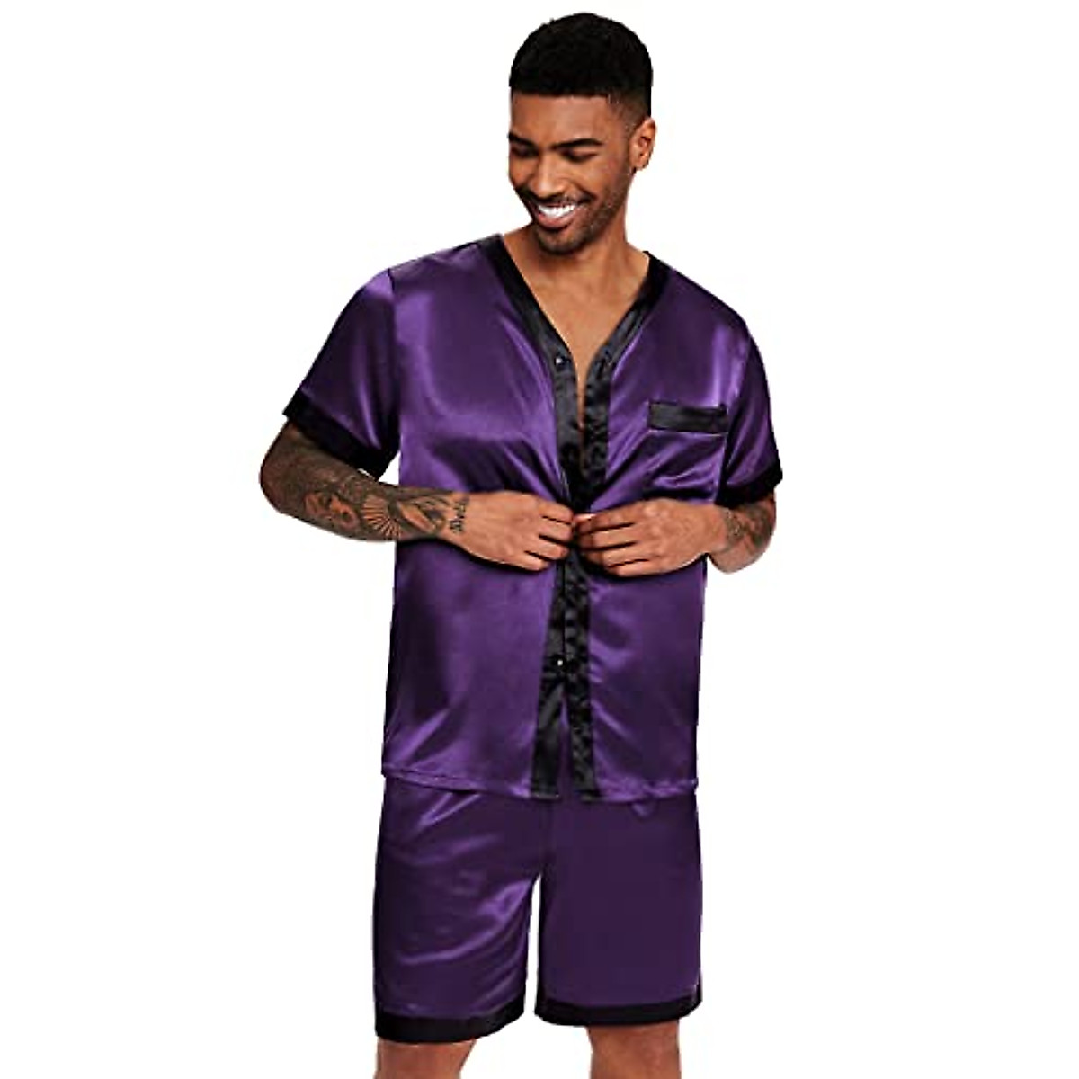 Ekouaer Silk Pajamas for Men Satin Pajama Shorts 2 Piece Button Down Pj Set V Neck Sleepwear Loungewear with Pockets S-XXL Purple