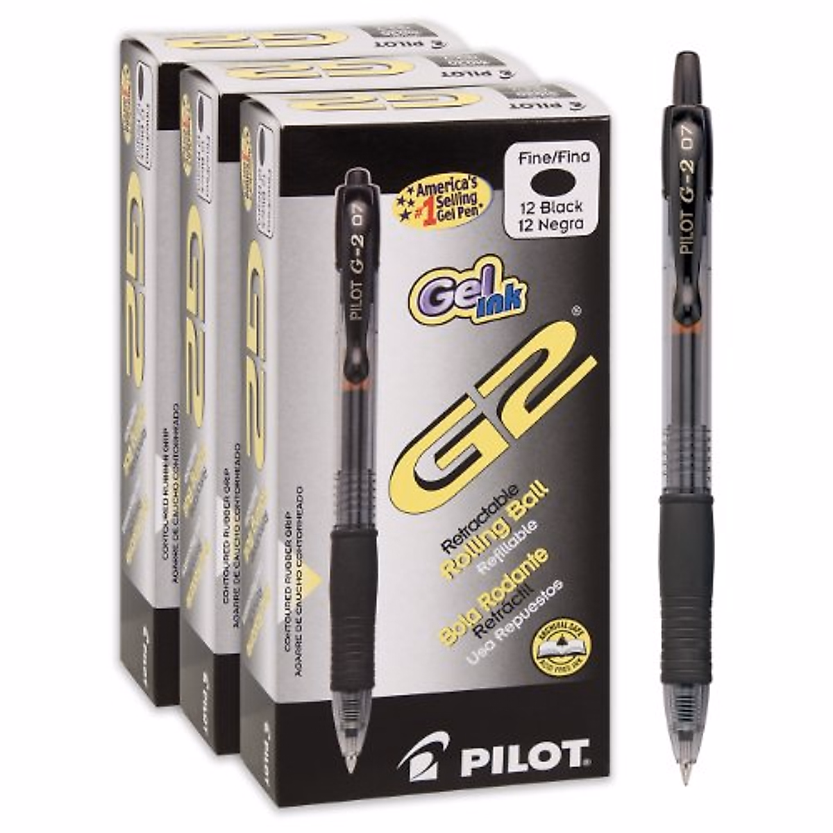 PILOT G2 Premium Refillable & Retractable Rolling Ball Gel Pens, Fine Point, Black Ink, 12-Pack Box (Pack of 3) (46052)
