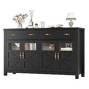 FINETONES Buffet Cabinet with Storage, 55.1" Large Sideboard Buffet Cabinet, Farmhouse Sideboard Kitchen Cabinet with 2 Drawers and 4 Doors, Wood Coffee Bar Cabinet Buffet Table for Kitchen, Black
