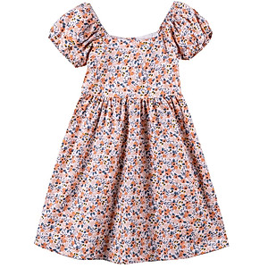 Noomelfish Toddler Girls Short Sleeve Floral Dress Casual Flower Printed Smocked Dresses, Small Orange, 3 Years
