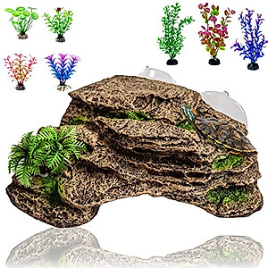 HERCOCCI Turtle Basking Platform Tortoise Climbing Ramp with Suction Cup Aquarium Ornament Rock Plastic Plants Tank Accessories for Turtle Frog Reptiles Landscaping