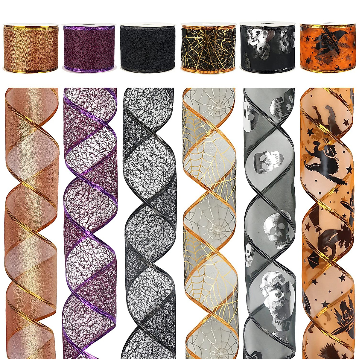 MEEDEE Halloween Ribbon - 6 Rolls, 36 Yards, Wired, Purple, Orange, Black, Skull Pattern