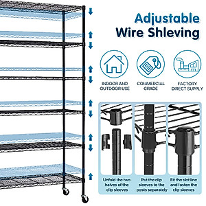 Storage Shelves Metal Shelf Wire Shelving Unit with Wheels 6 Tier NSF Certification Height Adjustable Garage Shelving Utility Steel Heavy Duty Commercial Grade Shelving Rack for Garage Pantry Kitchen
