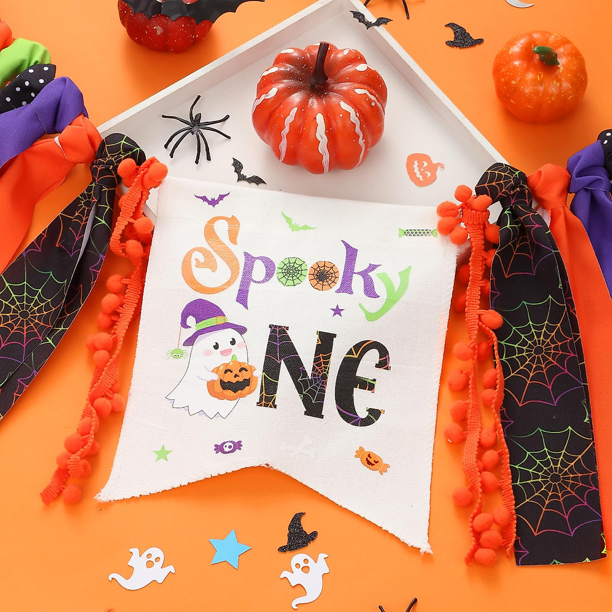 Halloween 1st Birthday High Chair Banner Girl Boy - Spooky One Banner Orange Purple Green Black Halloween Theme First Birthday Party Decorations, Pumpkin Spider Ghost Garland for Baby 1st Birthday