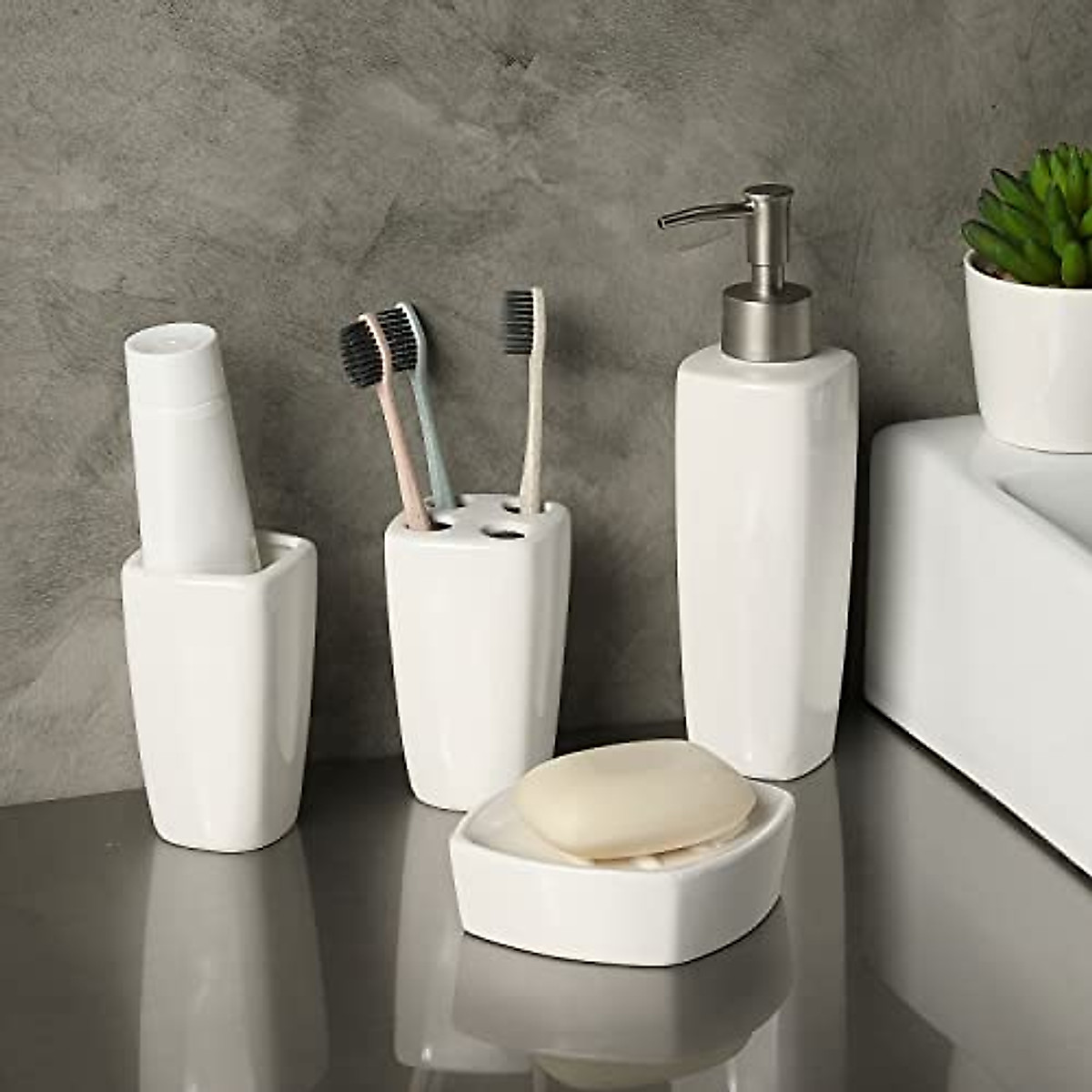 MyGift 4 Piece Ceramic White Bathroom Accessory Set with Soap Dispenser Pump, Toothbrush Holder, Tumbler and Soap Dish