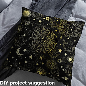 Sun Moon Fabric by The Yard, Starry Sky Series Upholstery Fabric Kids, Cosmic Planets Sun Face Pattern Decorative Fabric Boys Girls, Trippy Hippie Indoor Outdoor Fabric, DIY Art 1 Yard, Golden Black