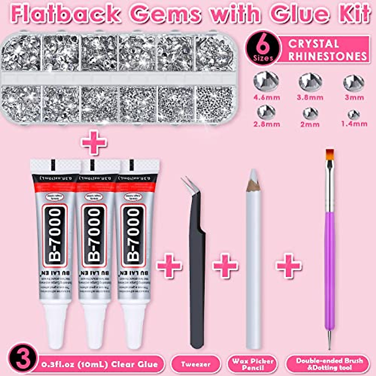 Audab B7000 Jewelry Adhesive Glue with Rhinestones for Crafts, 2100Pcs Flat Back Gems Crystal Rhinestones with Tweezer Dotting Tools Clear Glue for DIY Clothes Fabric Shoes Jewelry Making Nail Art