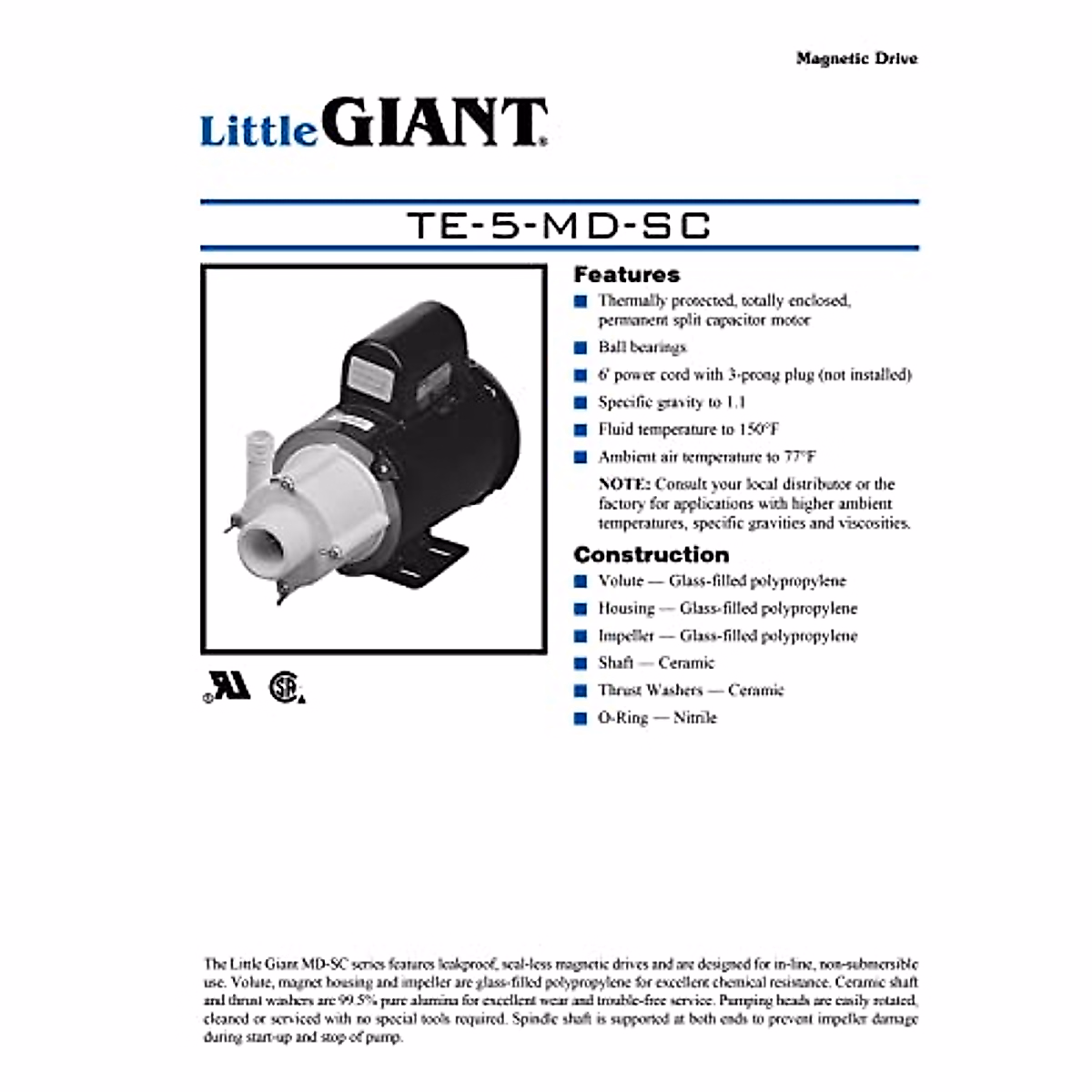 Little Giant TE-5-MD-SC 115/230-Volt, 50/60 Hz, 1/10 HP, 1200 GPH Magnetic Drive Non- Submersible Mildly Corrosive Chemical Transfer Pump, 6-Foot Power Cord with Separate Plug, Black/White, 584504