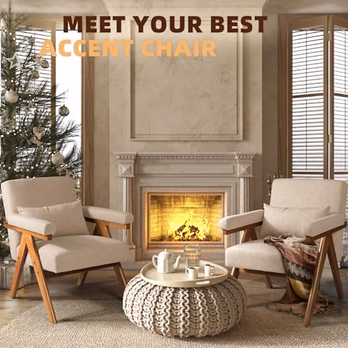 Waleaf Mid Century Modern Accent Chairs Arm Chair Set of 2 with Padded Armrests, Upholstered Chair for Living Room Bedroom Side Chair with Solid Wood Frame Corner Chair (Beige - Set of 2)