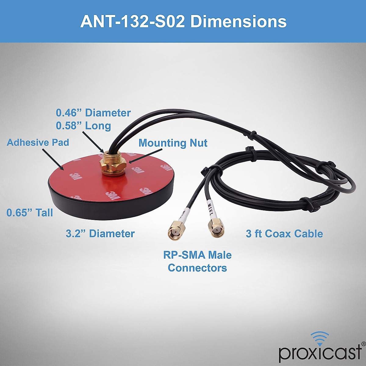 Proxicast Ultra Low Profile Indoor/Outdoor Omni Directional MIMO WiFi Antenna - Dual Band/Triple Band 2.4/5.8/6 GHz WiFi Puck - Through Hole Screw Mount - 3 ft Coax Lead w/RP-SMA (ANT-132-S02)