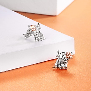925 Sterling Silver Highland Cow Earrings Stud Necklace Hypoallergenic Animal Jewelry Gifts for Women Cow Lover (Earrings)