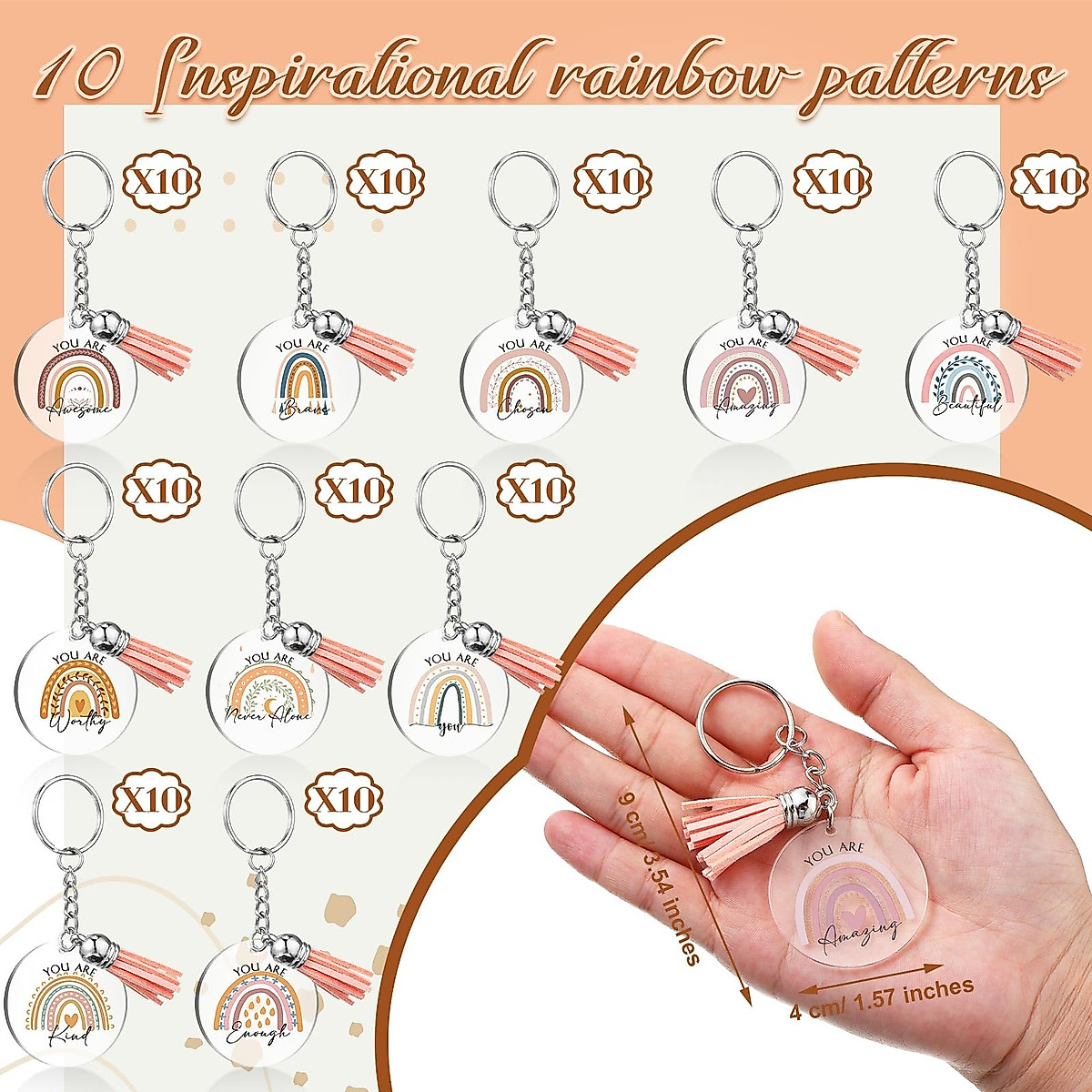 Unittype Boho Rainbow Key Chain Inspirational Keychain Thank You Gifts for Coworkers Appreciation Acrylic Tassels Keychain (100 Pcs)