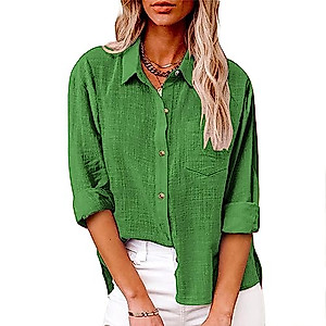 Deals of The Day Trendy Tops for Women 2023 Womens Cotton Linen Button Down Shirt 2023 Casual Long Sleeve Solid Color Shirts Loose Work Tops with Pockets Green XL