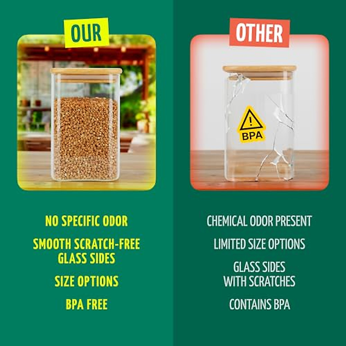 Set of 5 Glass pantry storage containers with lids, Borosilicate Square glass containers with bamboo lids, Cookie jar, Glass storage containers with lids for pantry, Pasta Rice Flour Sugar Tea Beans