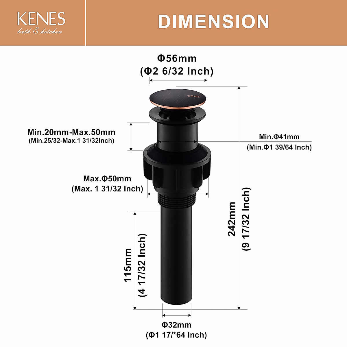 KENES Oil Rubbed Bronze Bathroom Vessel Pop Up Sink Drain, Vanity Faucet Sink Drain Stopper, Sink Drain Assembly Without Overflow Anti Clog Pop Up Drain