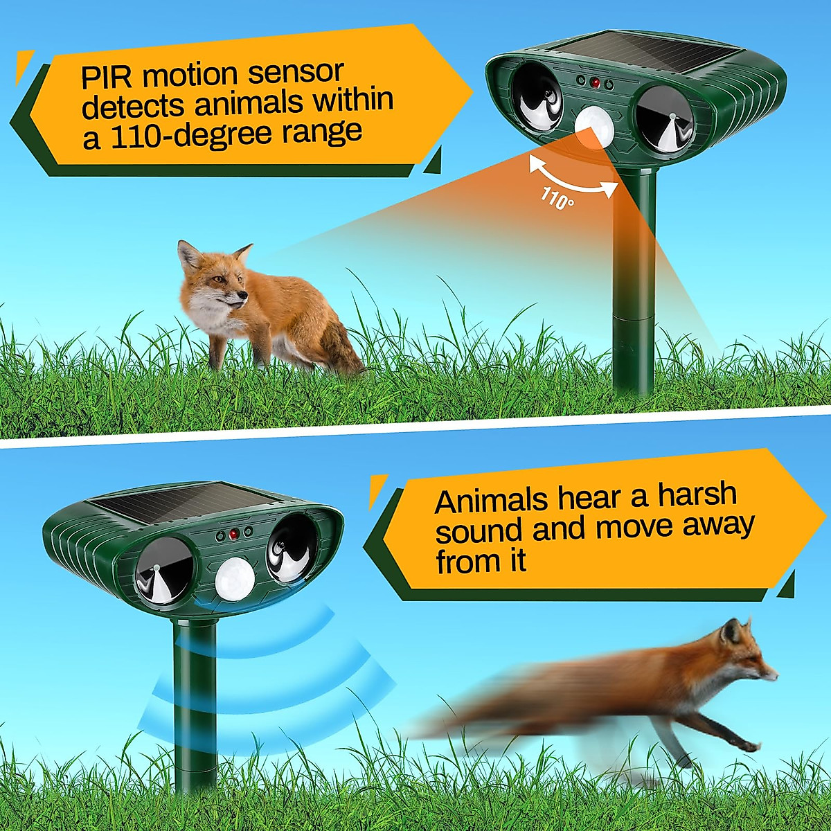 Gebatule 4 Pack Ultrasonic Animal Repellent Outdoor Deer Repellent Devices Solar Animal Repeller Motion Activated Deterrent to Scare Cat Squirrel Rabbit Raccoon Skunk