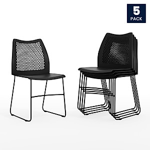 Flash Furniture 5 Pack HERCULES Series 661 lb. Capacity Black Stack Chair with Air-Vent Back and Black Powder Coated Sled Base