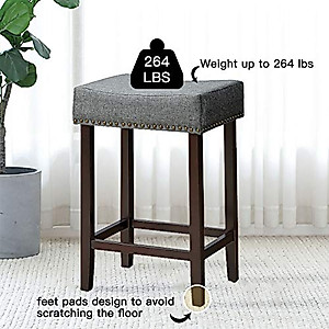 COSTWAY Saddle Stools Set of 2, 24-inch Counter Height Backless Stools with Brass Nailhead Trim, Solid Wood Legs, Foot Rest, Max Load 264 Lbs, Upholstered Bar Chair for Kitchen Island Pub, Grey