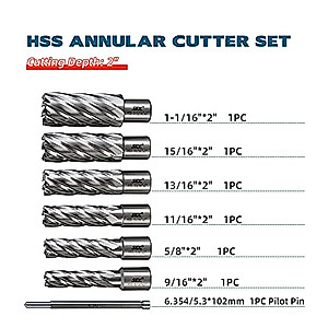XINCHENG PRECISION Annular Cutter Set 6pcs 3/4 Inch Weldon Shank 2 Inch Cutting Depth 9/16” to 1-1/16 Cutting Diameter M2AL HSS Kit for Magnetic Drill Press with 1 Pilot Pins