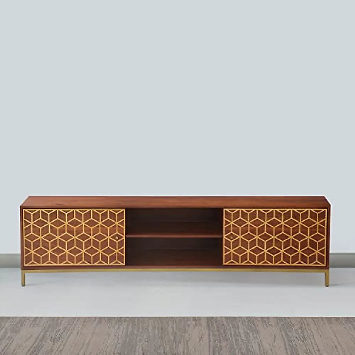 The Urban Port Kalyn 75-Inch Handcrafted TV Media Console Entertainment Center, 2 Doors, Center Shelf, Geometric Design Print, Brown Acacia Wood, Brass