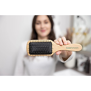 GranNaturals Metal Pin Bristle Hair Brush - Detangling, Anti-Static Paddle Grooming Tool - Rounded Steel Bristles, Ergonomic Wooden Handle - Scalp Massaging Comb - For Normal, Curly, Thick Hair, Wigs