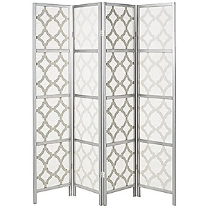 Roundhill Furniture Quarterfoil Infused Diamond Design 4-Panel Room Divider, Silver