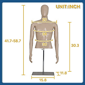 42-59 Inch Male Mannequin Torso, Height Adjustable Dress Form Mannequin Detachable Arms Mannequin Stand Sewing Manikin Display Dress Mannequin Clothing Form with Metal Base Stand, Nature