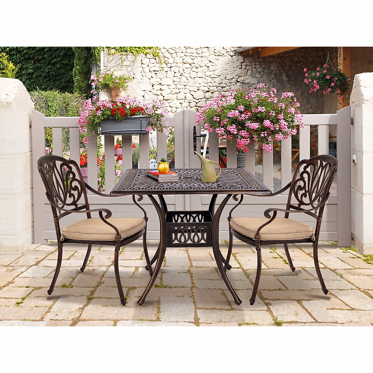 2 Piece Outdoor Dining Chairs, Cast Aluminum Dining Chairs Set of 2, Patio Bistro Chairs Set with Cushions for Patios, Gardens, Pools, Terraces (Flower Design with Khaki Cushion)