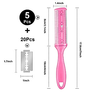 5 Pieces Razor Comb with 20 Pieces Razors, Hair Cutter Comb Dual Side Cutting Scissors Hair Thinning Comb Double Edge Hair Razor Comb Slim Haircuts Cutting Tool (5 Colors)