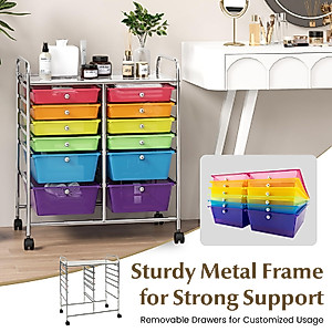 12 Drawers Rolling Storage Cart, Multipurpose Storage Organizer Cart with Lockable Casters, Mobile Utility Cart for Garage Office Home Kitchen (Rainbow+Clear)