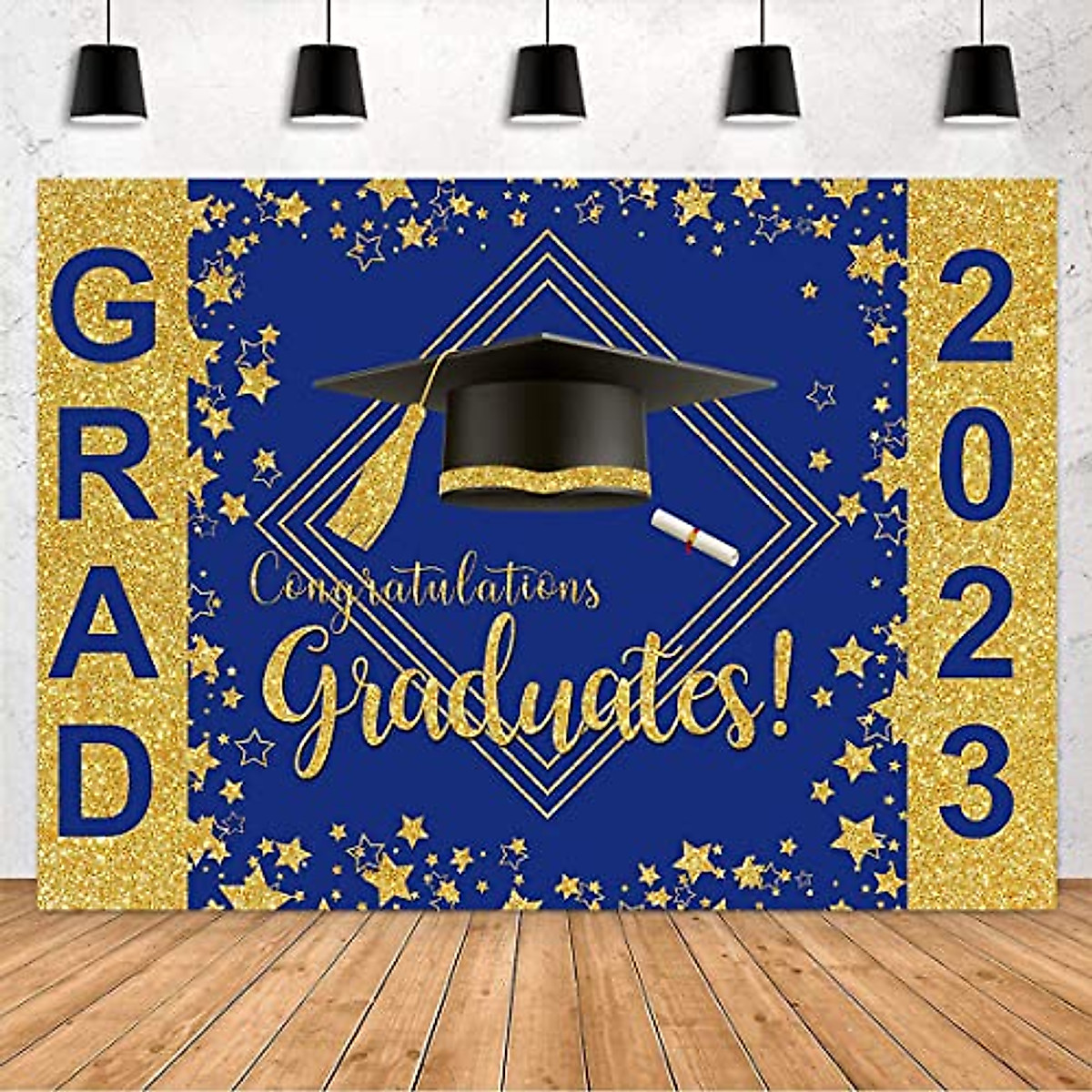 Avezano Graduation Backdrops Blue and Gold Congrats Grad Party Background Decorations Class of 2023 Graduation Party Banner Supplies Photo Booth Props(7x5ft)