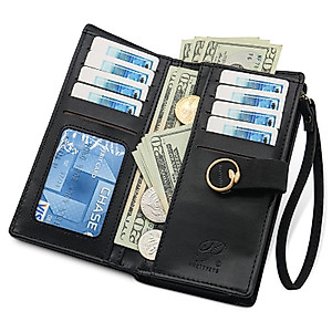 Women Wristlet Wallets Vegan Suede Leather Large Capacity Plaid Bifold Clutch Checkbook Wallets for Women Creit Card Case with Strap (Brown)