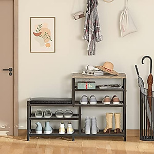 X-cosrack Shoe Rack Bench 5-Tier Shoe Storage with Seat Industrial Entryway Bench Metal Storage Shelves Organizer Entry Bench Shoe Stand for Entryway Hall Brown Black