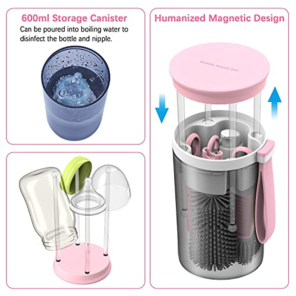 6 in 1 Baby Bottle Brush Set, Bottle Cleaner Kit with Silicone Bottle Brush, Nipple Brush, Straw Cleaning Brush, Soap Dispenser, Baby Bottle Drying Rack for Travel and Home Use (Pink)