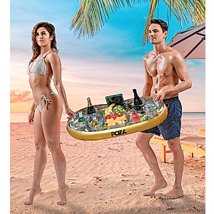 POZA Inflatable Gold Floating Cooler - Luxurious Drink Holder Filled with Sparkly Confetti, Premium Party Float with 8 Holders, Serving Bar for Beach, Lake, Hot Tub, Jacuzzi and Pool - 39x23 Inches