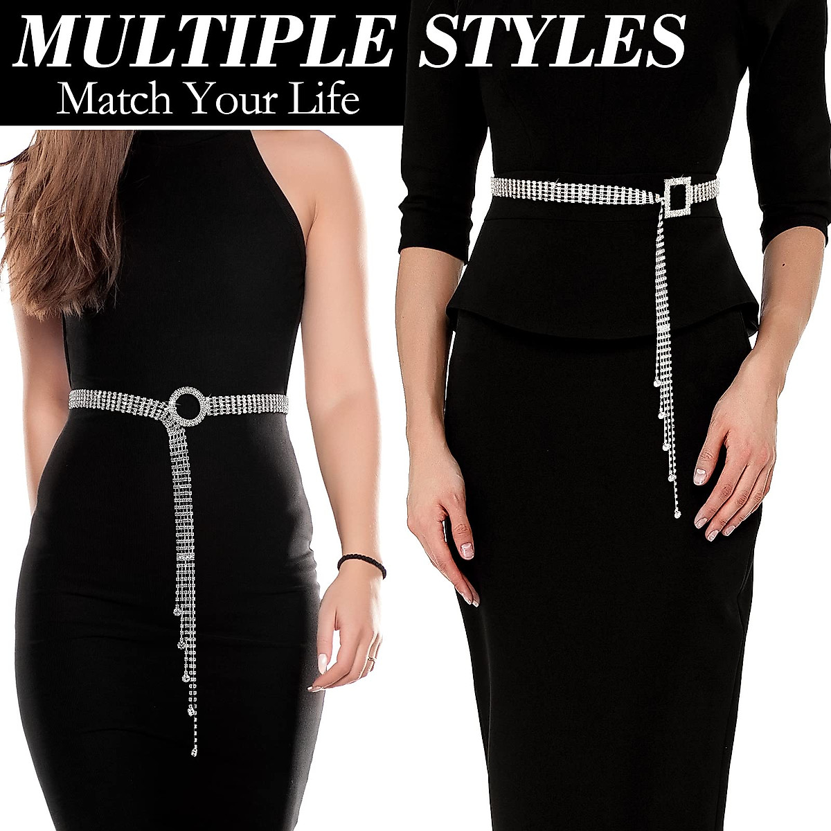 Vabean 2 Pieces Women Rhinestone Belt Shiny Diamond Crystal Ladies Single O Ring Square Ring Waist Belt for Jeans Dresses (Silver, 47 Inch)