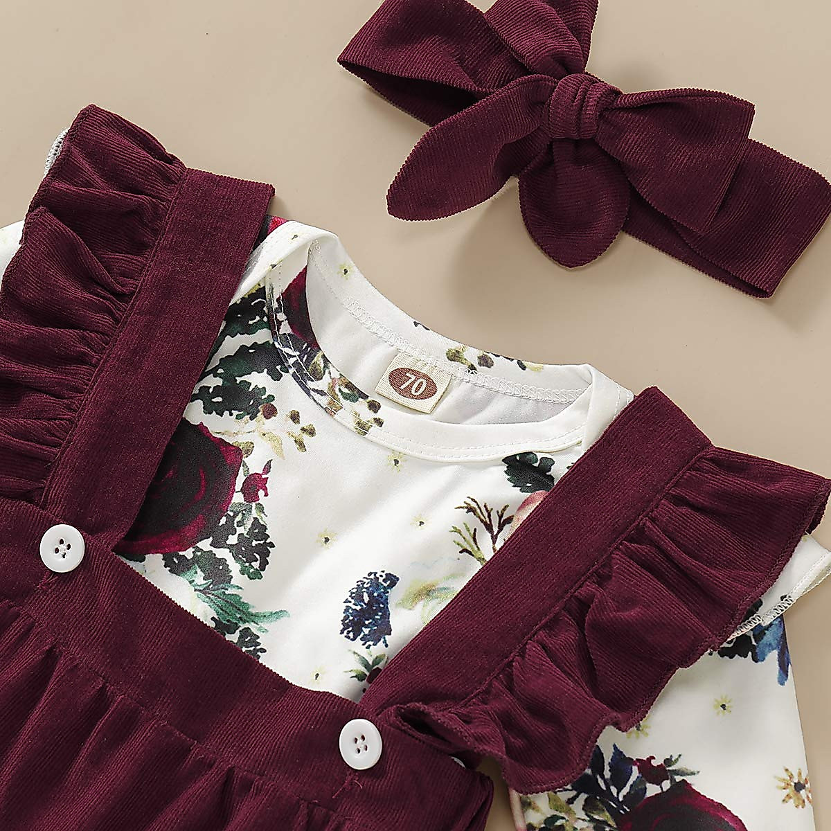 Kucnuzki 1 Year Old Girl Clothes Toddler Girl Fall Outfit Ruffled Infant Long Sleeve Romper Marron Suspender Dress Skirt Set Baby Clothes Girl 12-18 Months
