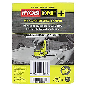 Ryobi P440 One+ 18V Lithium Ion 12,000 RPM 1/4 Sheet Palm Sander w/ Onboard Dust Bag and Included Sanding Pads (Battery Not Included, Power Tool Only)