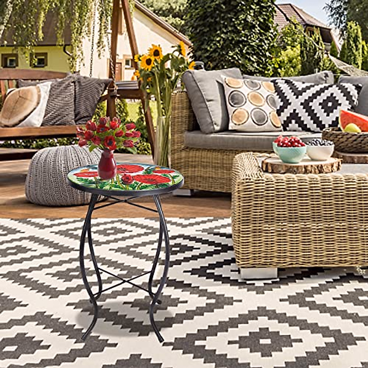 MUMTOP Outdoor Side Table - Small Mosaic Patio Table, Poppy 14” Accent Round Side Table Glass Plant Stand for Garden Patio Living Room