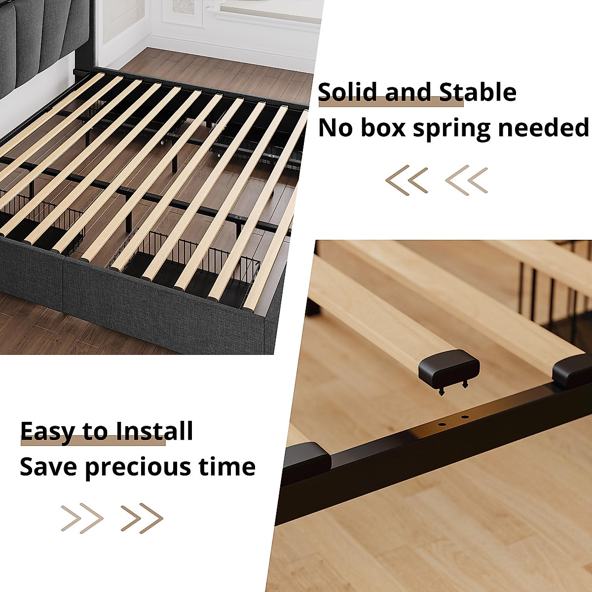 LIKIMIO King Bed Frame and Upholstered Headboard, Platform Bed with Storage Drawers and Outlets, Sturdy, Noiseless, No Box Spring Needed, Easy Assembly, Dark Gray