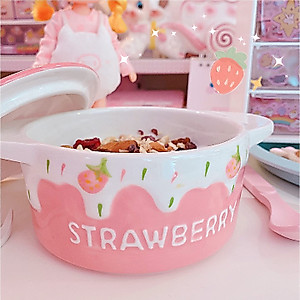 LELAKAYA Cute Strawberry Enameled Porcelain Bowl With Handle, Fruit Salad, Dessert, Rice, Cereal, Noodle, Breakfast Bowl WIth Lid, Household Tableware 6.18"X3.35"