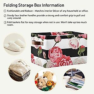 AGONA Large Foldable Storage Bin Peony Roses Black White Stripes Storage Bins Collapsible Decorative Fabric Storage Baskets with Leather Handles for Home Closet Bedroom Organizer Nursery 1 Pack