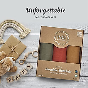 Kishu Baby Indi GOTS Organic Muslin Swaddle Blanket Gift Set in Earthy, Gender Neutral Colors - Stone Washed for Extra Softness – Fairtrade Certified, XL 47 in x 47 in (Dark Olive, Rust, Caramel)