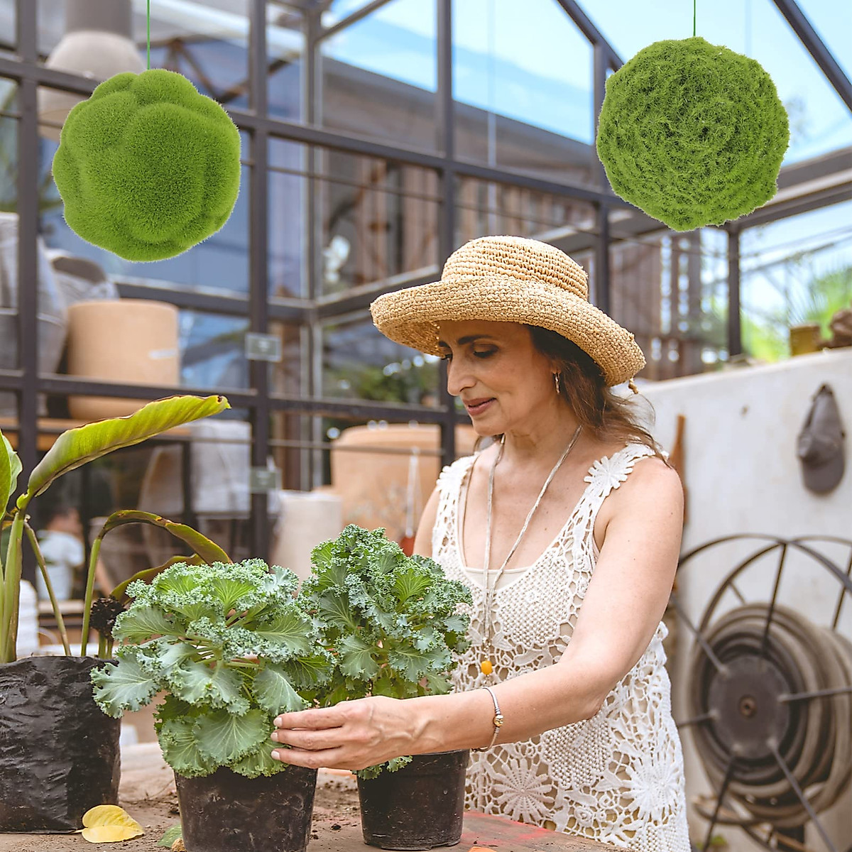 SEWACC 2pcs Green Artificial Balls Decorative Rocks Topiary Ball Green Covered Stones Vase Bowl Filler for Floral Arrangements Wedding Party Table Decor